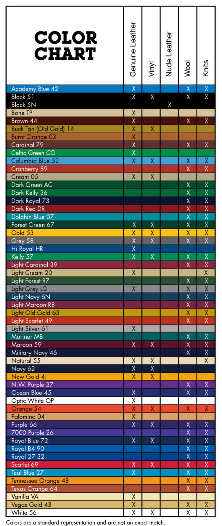 ColorChart | スタジャンドットコム DeLONG社のカラーチャート表です。